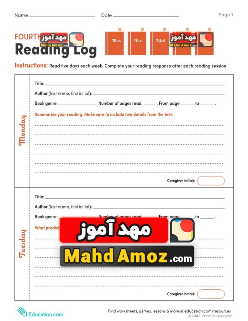 کاربرگ Fourth Grade Reading Log — مهدآموز