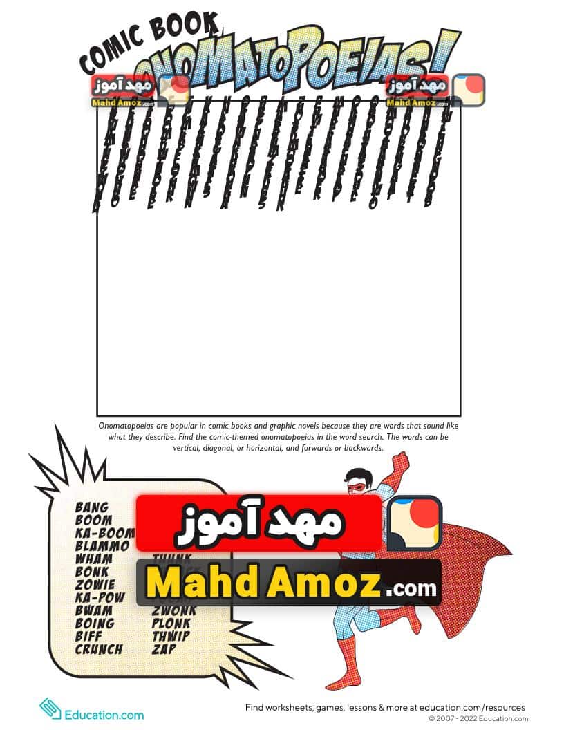 کاربرگ Onomatopoeia Comic Word Search — مهدآموز